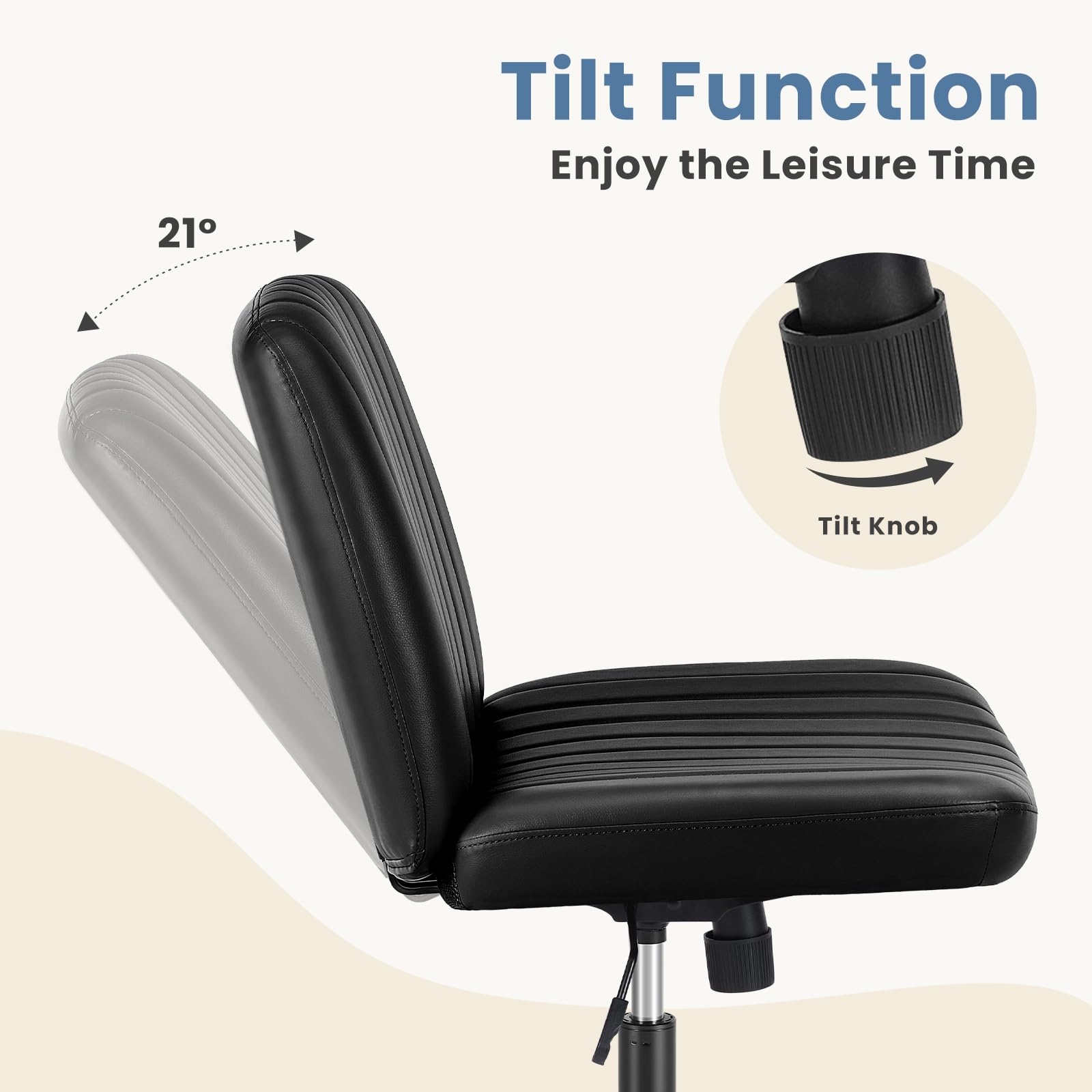 DUMOS Cross Legged Armless Wide Wheels, Modern Home Office Desk Swivel Adjustable Vanity Chair, Leather Black