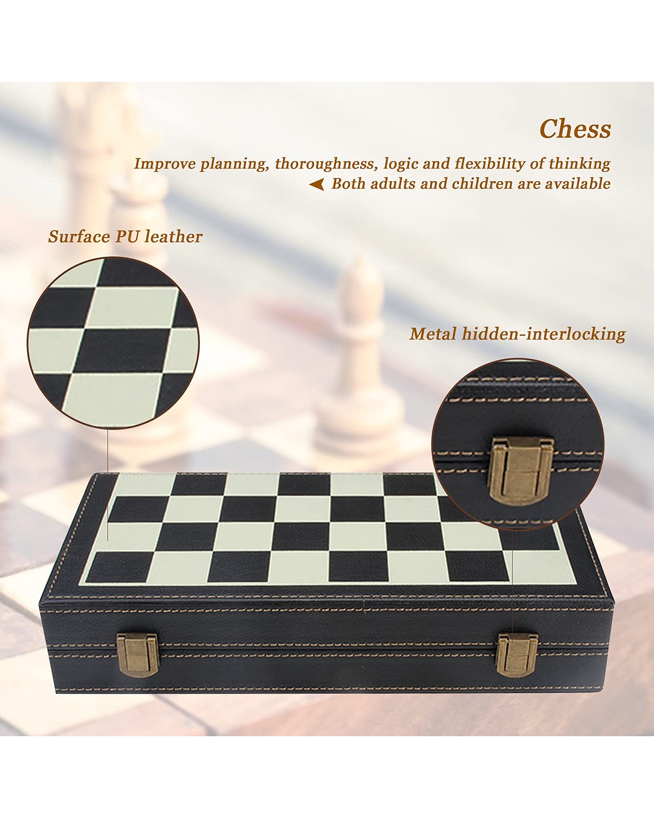 Chess Set International Folding Pu Leather/Wood Board and Metal Pieces Kit Set Brain-Training Educationalpieces