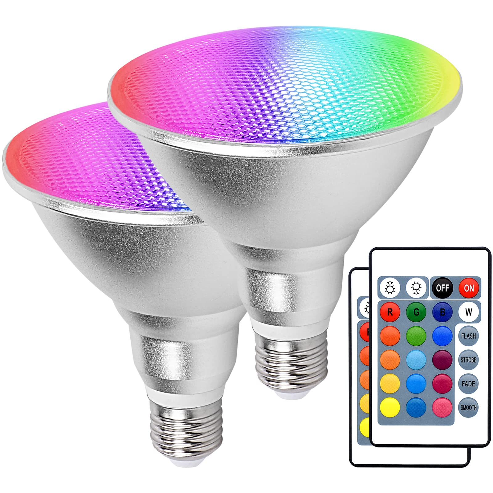 Kuniwa 2 Pack RGB PAR38 Flood Light Outdoor with Remote, 30W=90W, Waterproof LED Color Changing Light Bulbs, 3000K Warm White, 1800lm, Christmas Party Decor Dimmable Lamp