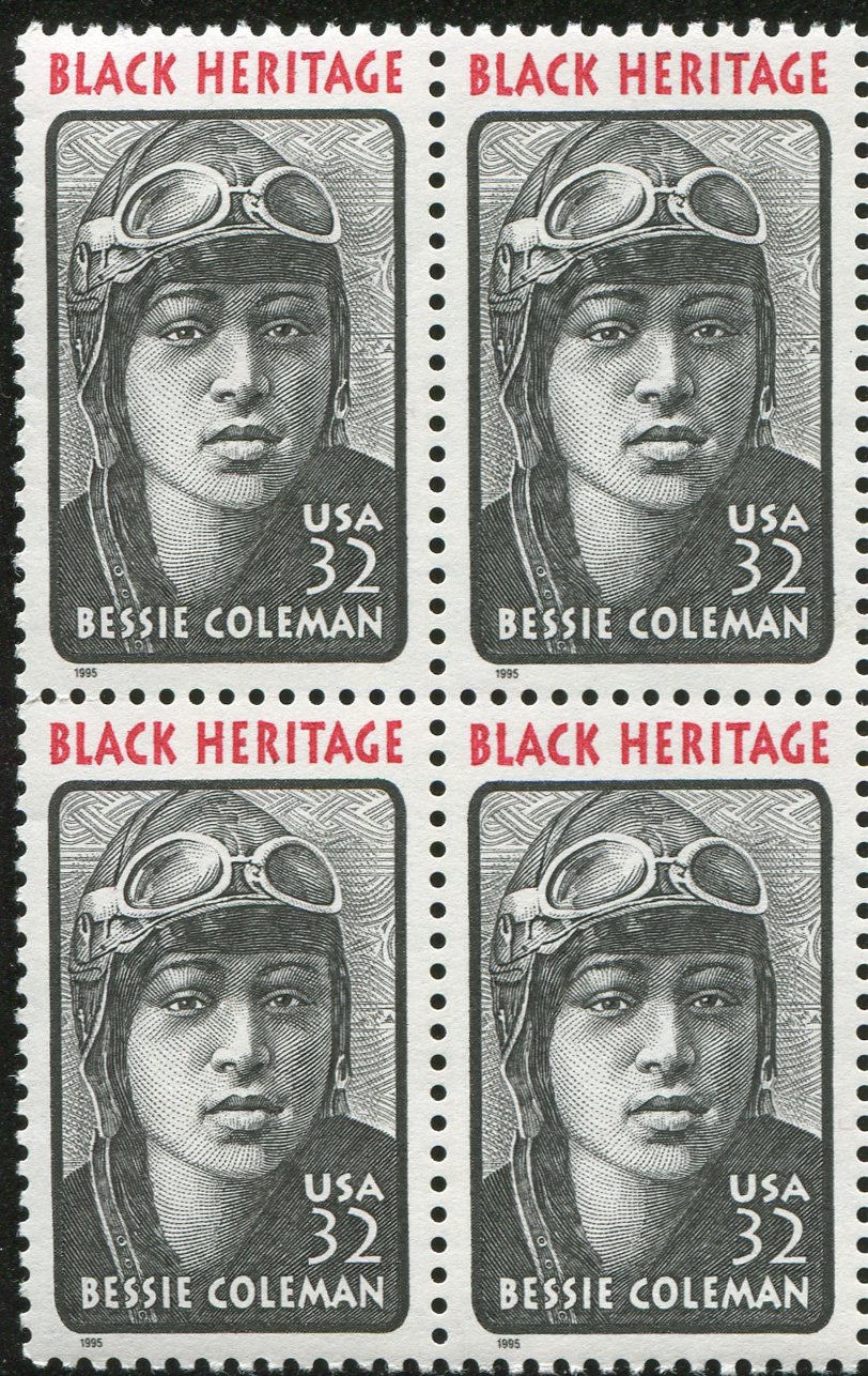BESSIE COLEMAN ~ BLACK HERITAGE ~ AVIATOR ~ QUEEN BESS ~ PILOT #2956 Block of 4 x 32¢ US Postage Stamps