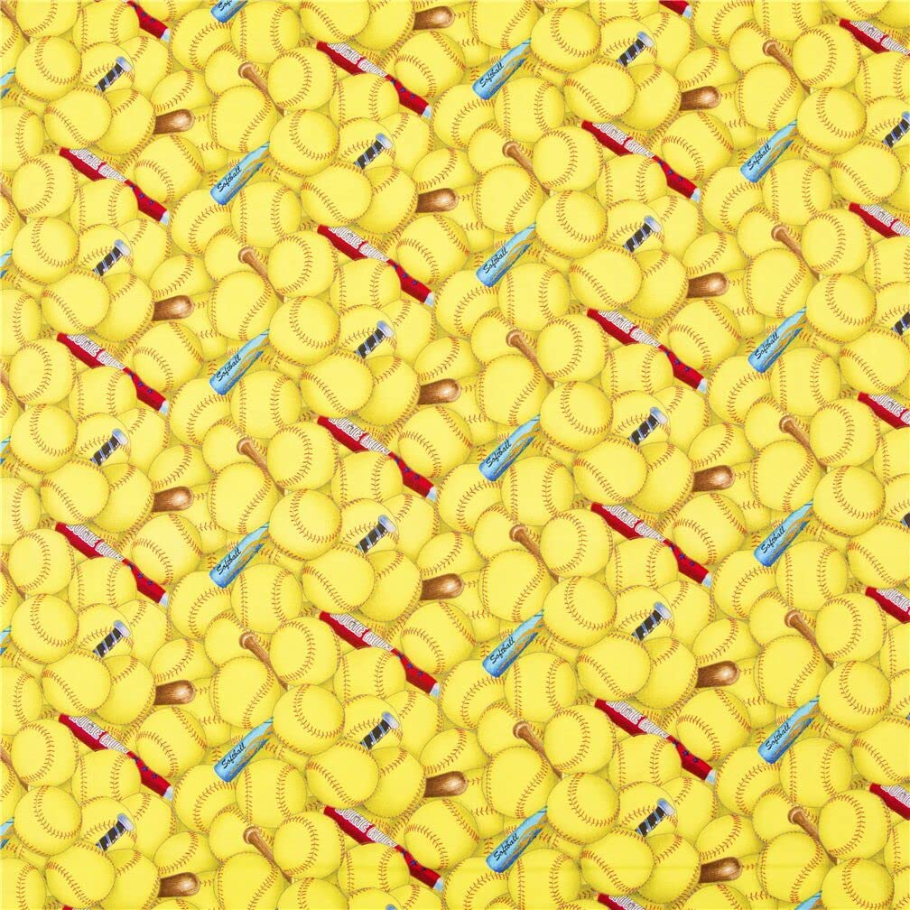Softball yellow cotton fabric from the USA by Elizabeth's Studio, with balls and bats (per 0.5 yard)