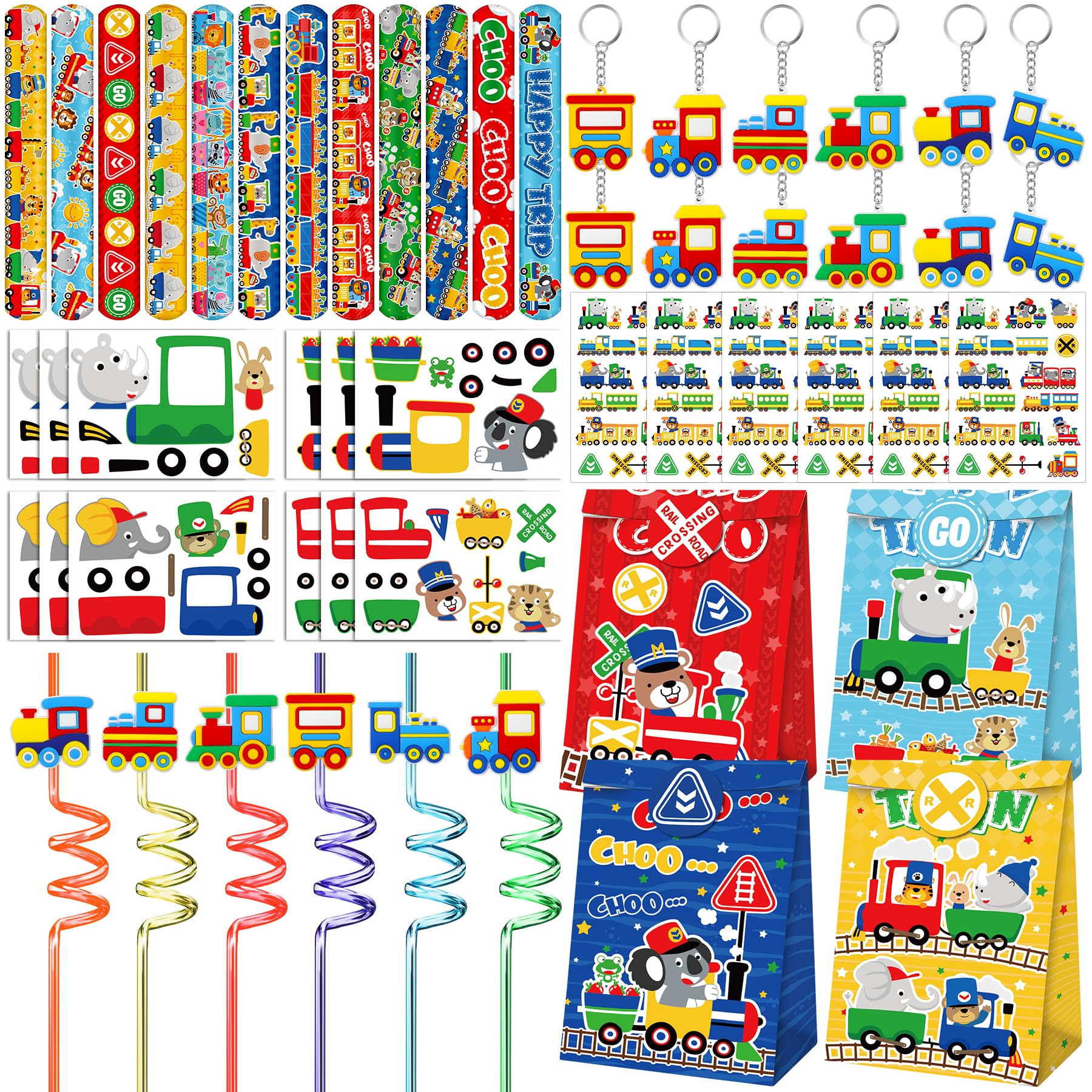 Erweicet Train Party Favors 72PCS Slap Bracelets DIY Stickers Temporary Tattoos Keychains Plastic Straws Gift Bags for Kids Car Theme Birthday Party Baby Shower