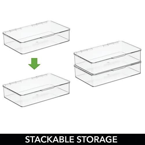 mDesign Plastic Stackable Rectangular Storage Container Bin with Hinged Lid for Organizing Kids Room, Play Room, Nursery; Holds Small Toys, Crayons, Puzzles - 4 Pack - Clear