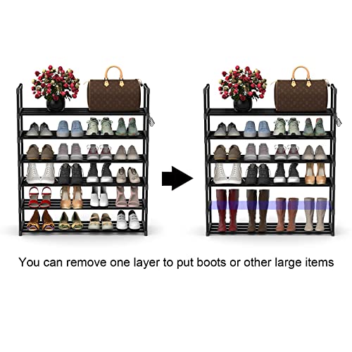 Hsscblet 6 Tiers Metal Shoe Rack,Adjustable Shoe Shelf Storage Organizer with Versatile Hooks,Stackable Boot & Shoe Storage,for Entryway,Hallway,Living Room,Closet,Black