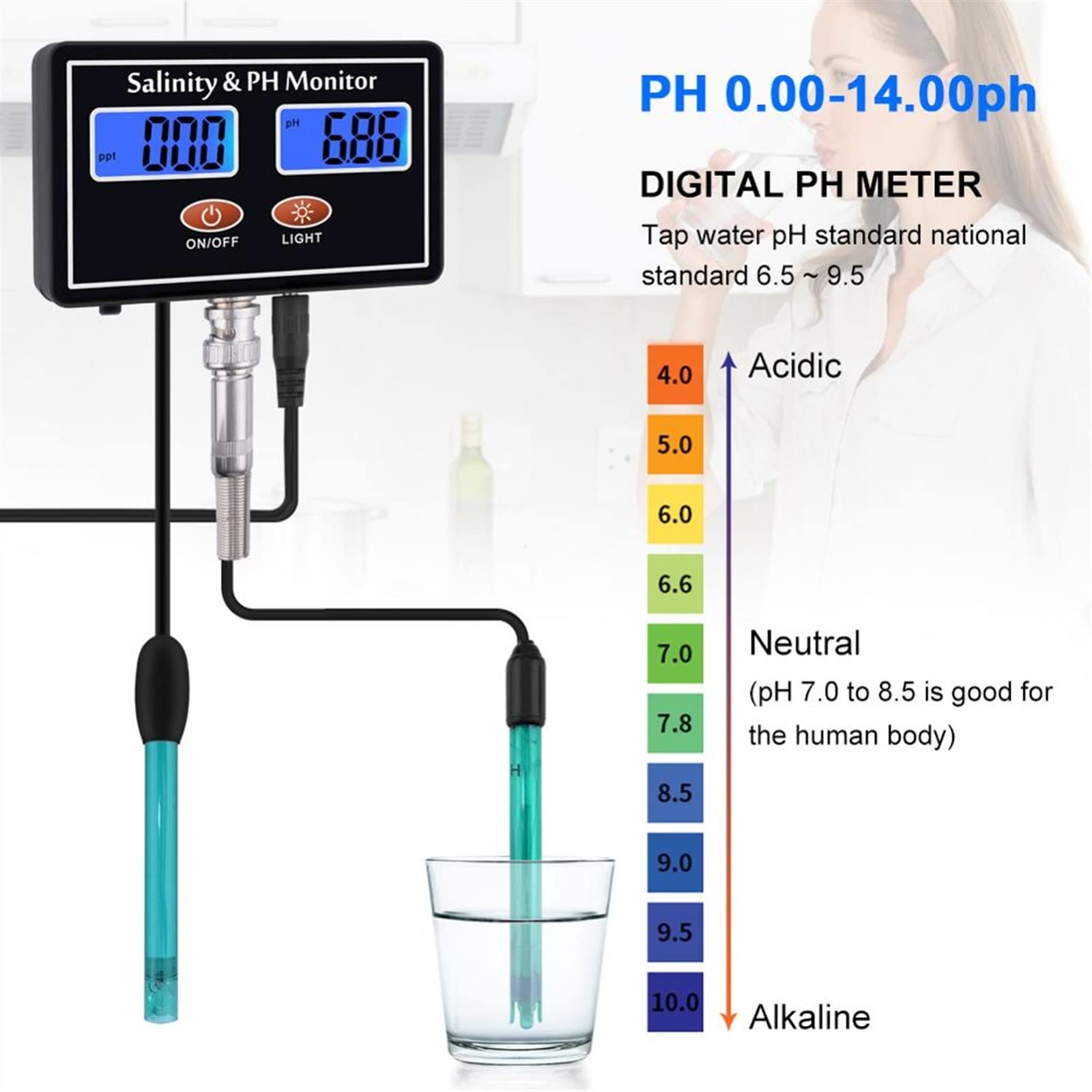 Digital Tester PH Salinity Monitor 2 in 1 Aquarium Water Quality Meter Seawater Salt Tester for Pool Spa Fish Pond Aquaculture