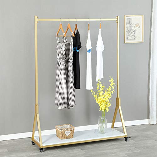 FURVOKIA Modern Simple Heavy Duty Metal Rolling Garment Rack with Wheels,Retail Display Clothing Rack with Wood, Single Rod Floor-Standing Hangers Clothes Shelves (Gold, 47.2 L)