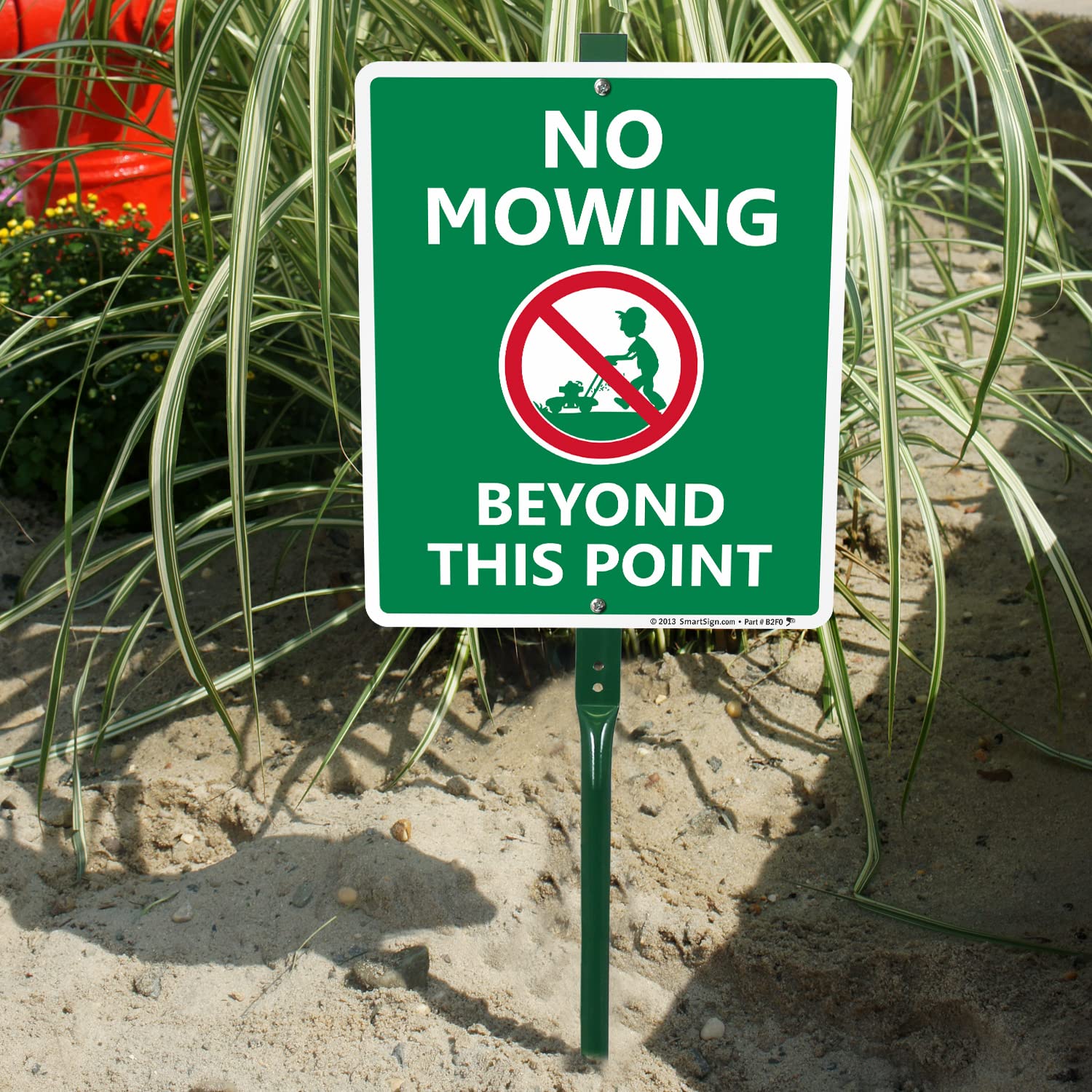 SmartSign 12 x 10 inch “No Mowing Beyond This Point” LawnBoss Yard Sign with 3 foot Stake, 40 mil Laminated Rustproof Aluminum, Red, White and Green, Set of 1, Made in USA