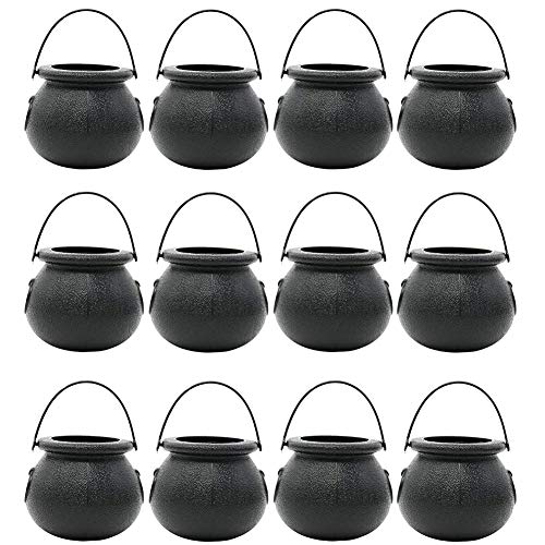 FUTUREPLUSX 12 PCS Black Cauldron Kettles, Plastic Witch Cauldron Candy Serving Bowls Mini Black Buckets for St.Patrick's Day Halloween Wizard Theme Party Favor Decor