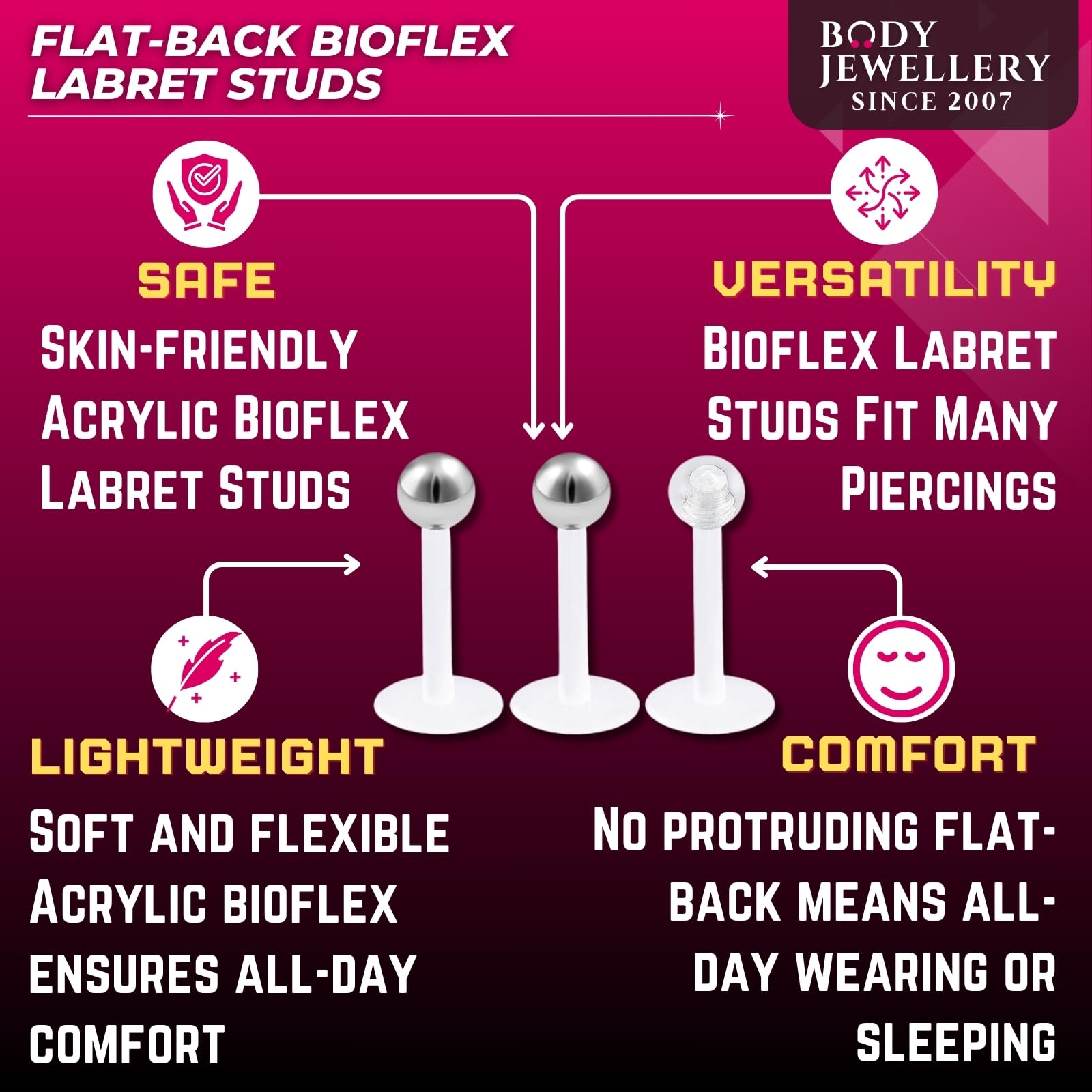 bodyjewellery 3pcs 16g Labret Studs Lip Ring Snakebite Monroe Bioflex Flexible Cartilage Conch Forward Helix Tragus Steel Ball Pick Size (3 Pcs(8mm))