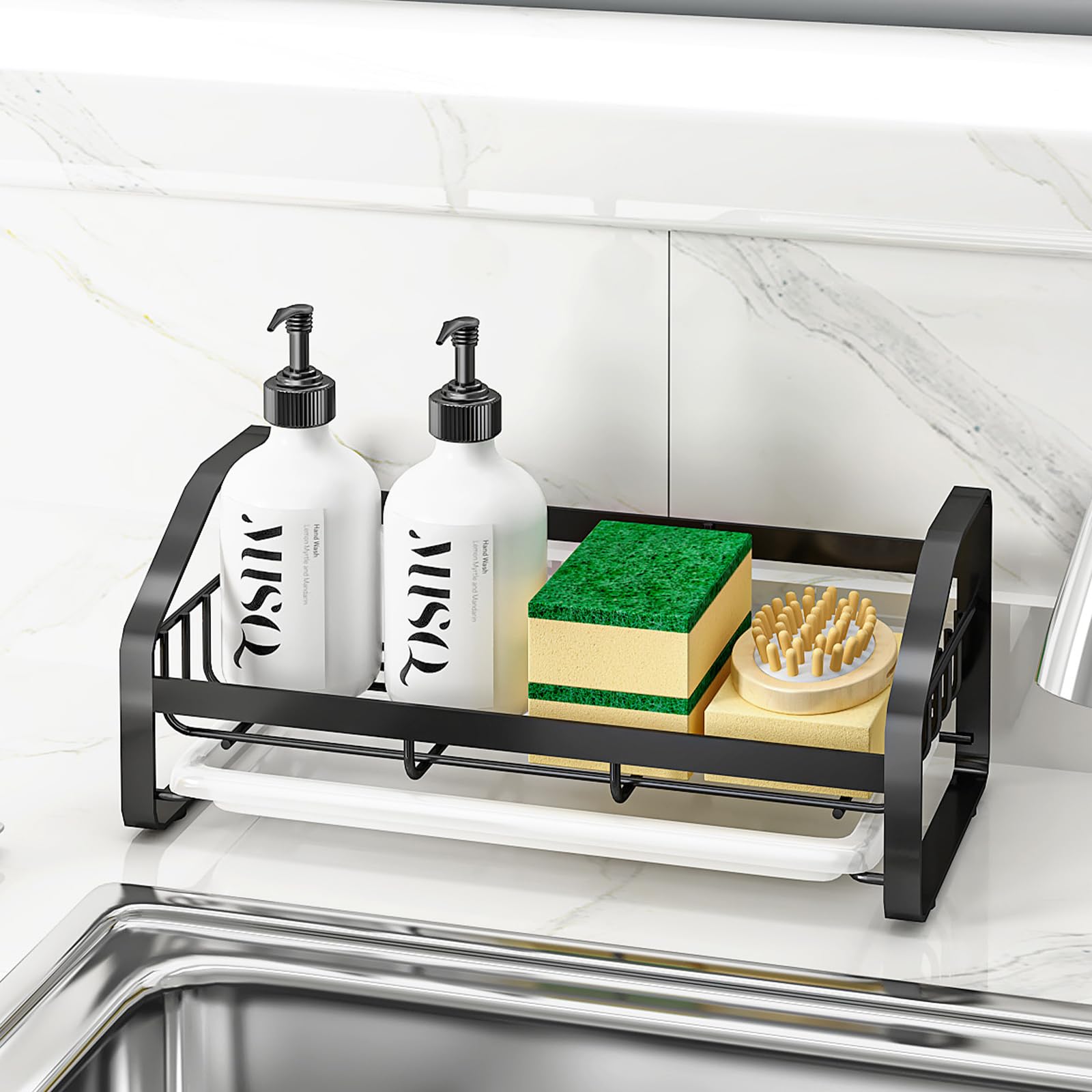 BSKSSK Sink Caddy, Sponge Holder for Kitchen Sink, Kitchen Bathroom Sink Organizer, 304 Stainless Steel Kitchen Countertop Organizer Soap Tray with Removable Drain Tray Length Version - Black