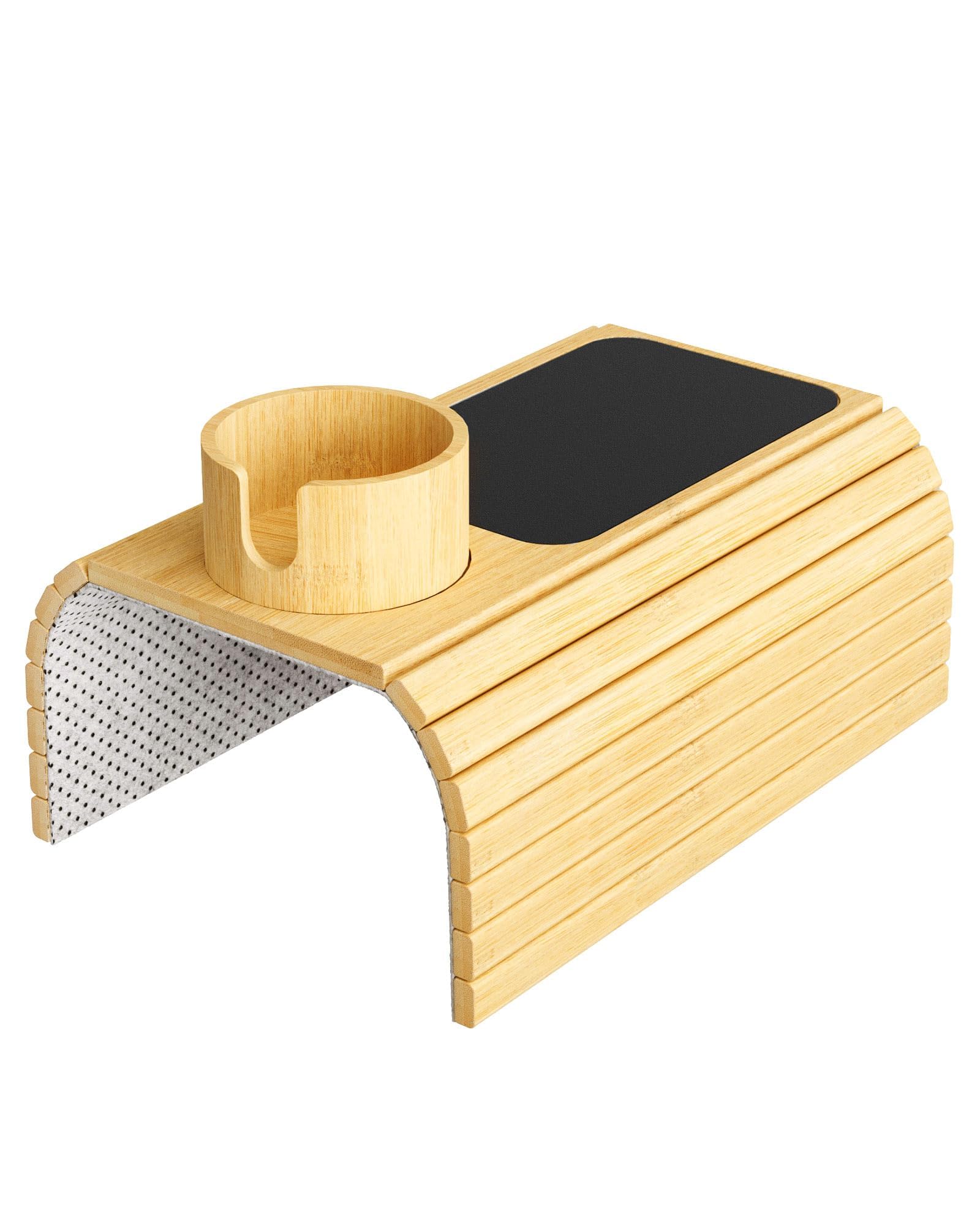 BS-VOG Couch Cup Holder, Bamboo Couch Arm Tray with 360° Rotating Drink Holder, Foldable Anti-slip Couch Arm Table, Sofa Armrest Tray Clip on Wide Couches for Eating, Snacks, Remote, No Installation