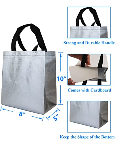 HUANN 6 Pcs Silver Gift Bags Medium Size Shine Reusable Gift Bags with Handles Metallic Glossy Non Woven Gift Bags for Wedding Christmas Party Birthday 8 x 5 x 10 Inch