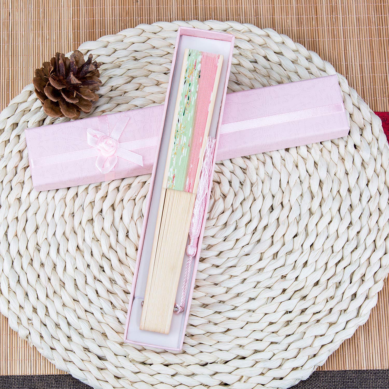 BingGoGo Hand Fan Women Folding Hand Held Silk Fan,8.27"(21cm) Hand Held Folding Fans,Chinese/Japanese Vintage Retro Style,Gift Box Packaging (Pink-3)
