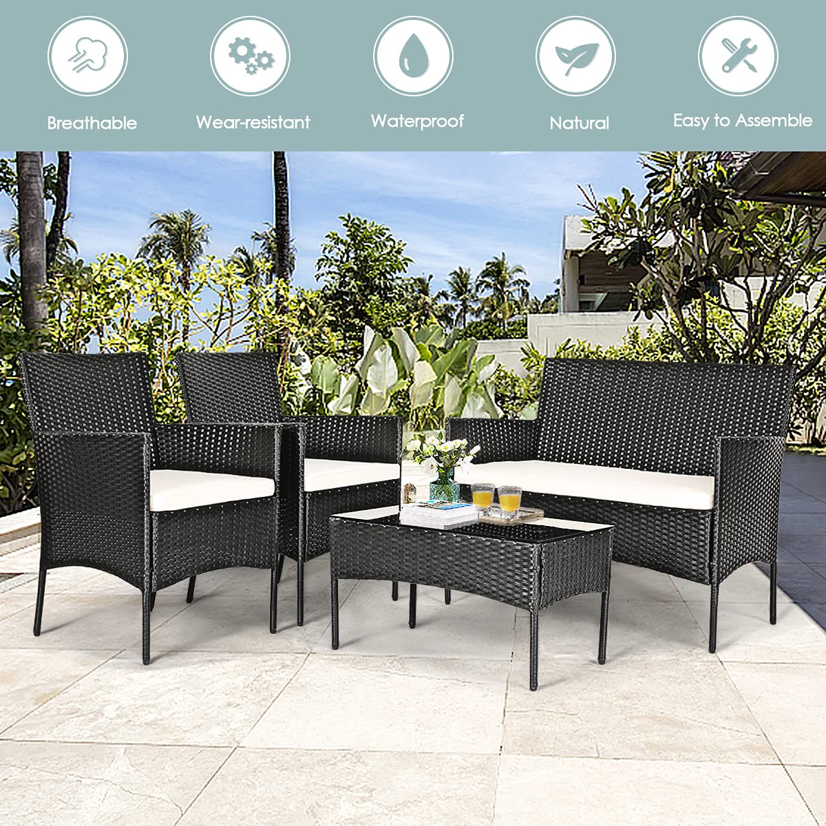 HAPPYGRILL 4PCS Patio Furniture Set Rattan Wicker Conversation Set Outdoor Patio Table Chair Set Wicker Sofas and Coffee Table Set for Garden Lawn Poolside