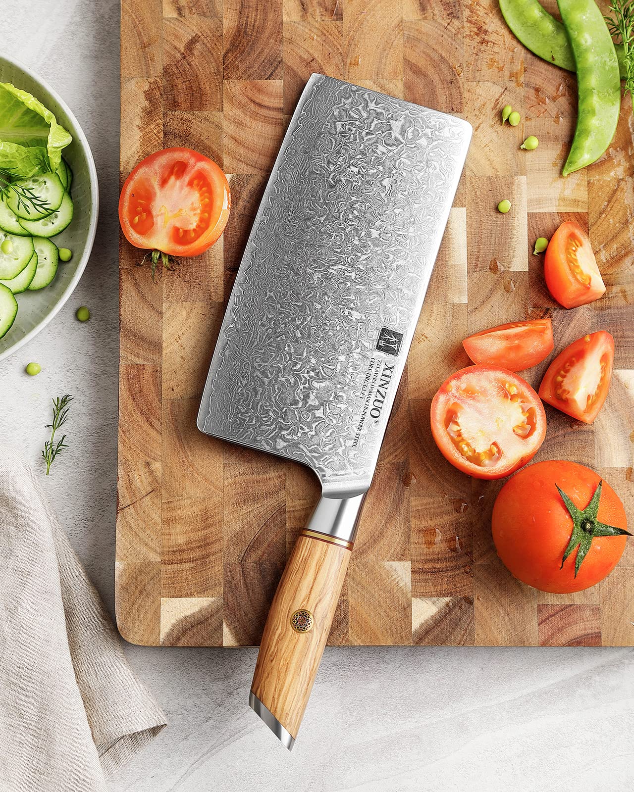 XINZUO Cleaver Knife 7.5 Inch, 73 Layer Damascus Steel Powder Steel Core Chinese Chef's Knife, Multifunction Vegetable Meat Slicing Knife with Olive Wood Handle -Lan Series