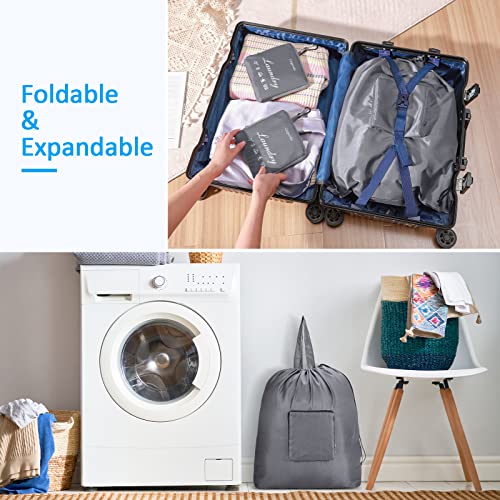 GOGOODA Travel Laundry Bags with Drawstring Closure XL Large Foldable Dirty Clothes bags with Handle Heavy Duty and Washable for College Dorm Travelling Camping, 2 Pack, Grey