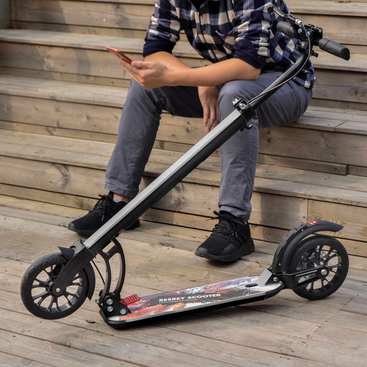 besrey Kick Scooter for Adults for 8 Years and Up - 2 Wheel Folding Scooter with Shoulder Strap for Kids Teens - Lightweight, Aluminum Frame, Adjustable Handlebars, Scooters for Riders Up to 220 lbs