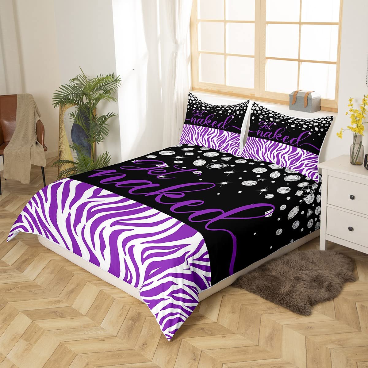 Feelyou Glitter Print (No Glitter) Diamond Bedding Set for Girls Pastel Zebra Comforter Cover Set Queen Size Get Naked Duvet Cover BedPurple Black White Bedspread Cover Bedding Collection 3Pcs