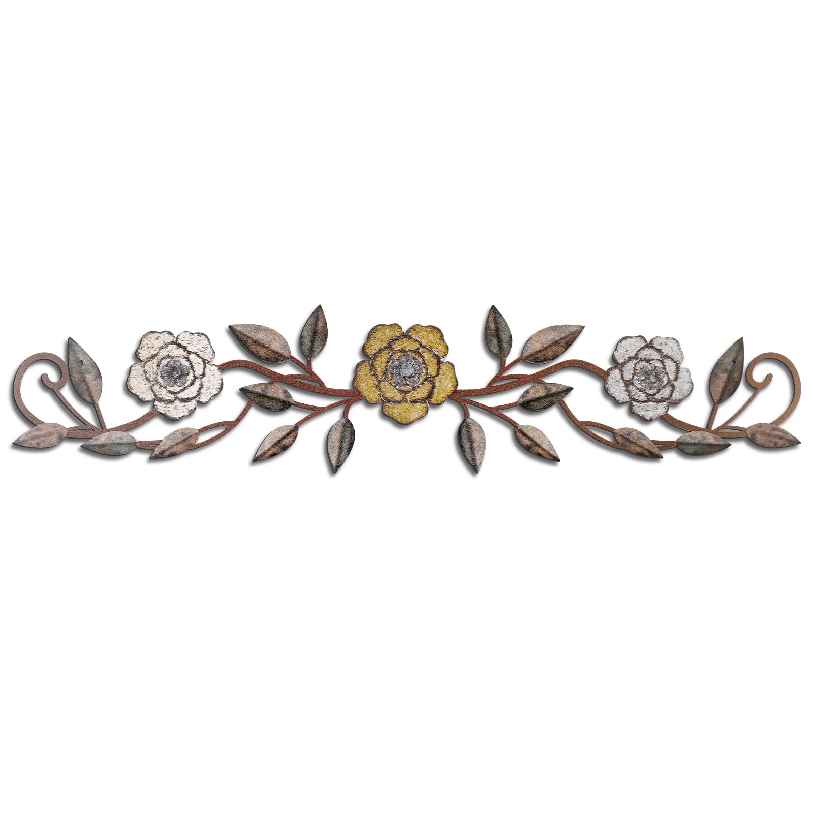 Zhengmy Metal Flowers Wall Decor 18.9 x 4 Inches Wrought Iron Wall Decor Rustic Vintage Flowers Hanging Wall Art for Bathroom Bedroom Living Room Outdoor Garden Office