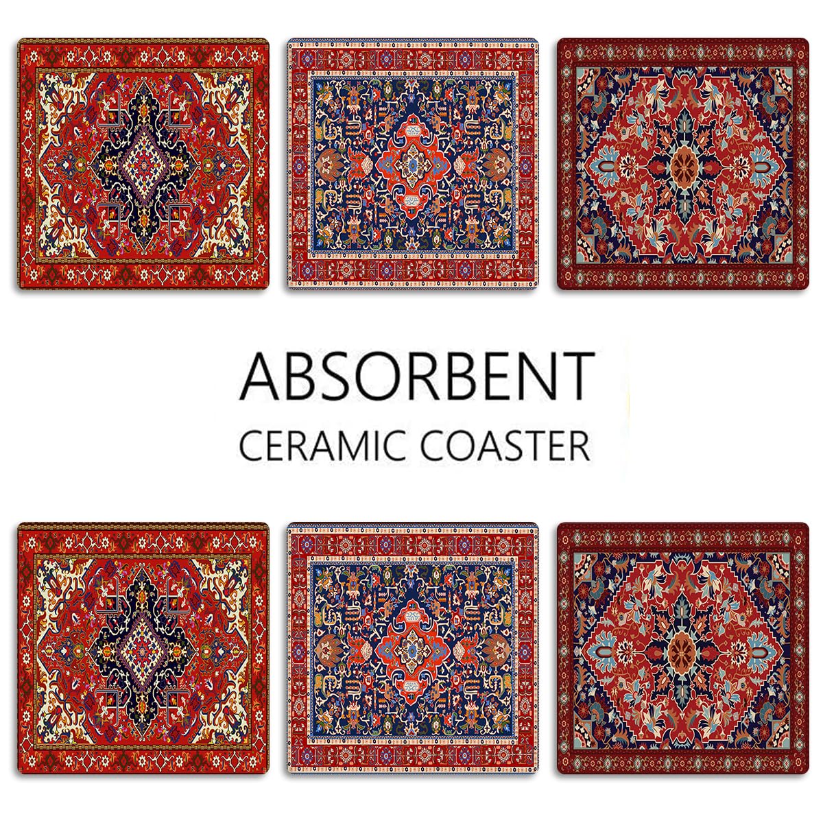 Bribay Coasters for Drinks Set of 6, Tribal Turkish Geometric Pattern Absorbent Square Ceramic Stone Mat, with Cork Base and Metal Holder, Gift for Housewarming Room Bar Decor