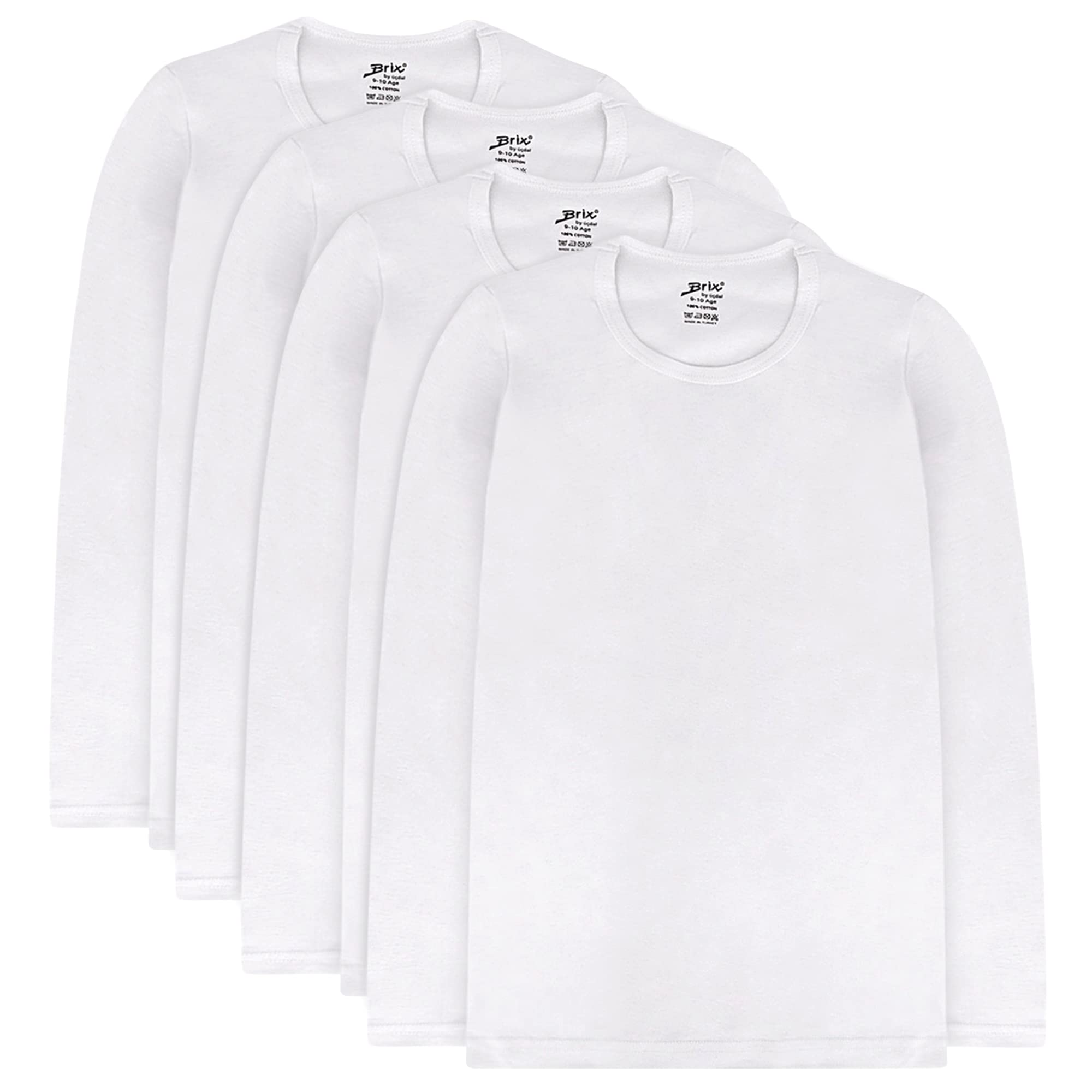 Brix Girls' Long Sleeve Tees - White 4 pack Shirts Tagless cotton T.