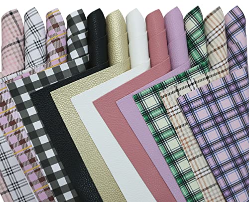 OZXCHIXU 12 Pcs/Set Plaid & Solid Colors Faux Leather Sheets,Grain Texture Embossed Leather Bundle Set 8" x 12" A4 Checks Printed Mixed Colors Synthetic Leather for Earring Bows Making DIY Crafts