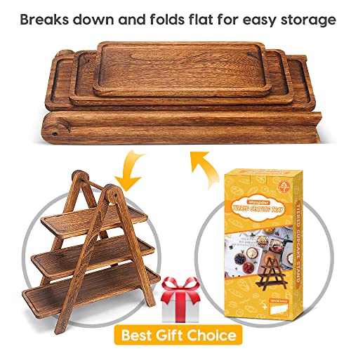 Manspdier Wood 3 Tier Serving Tray Three Tiered Cupcake Stand, Rectangle Serving Platter Wooden Farmhouse Tiered Tray, Party Serving Brown Decorative Tray Tray Decor