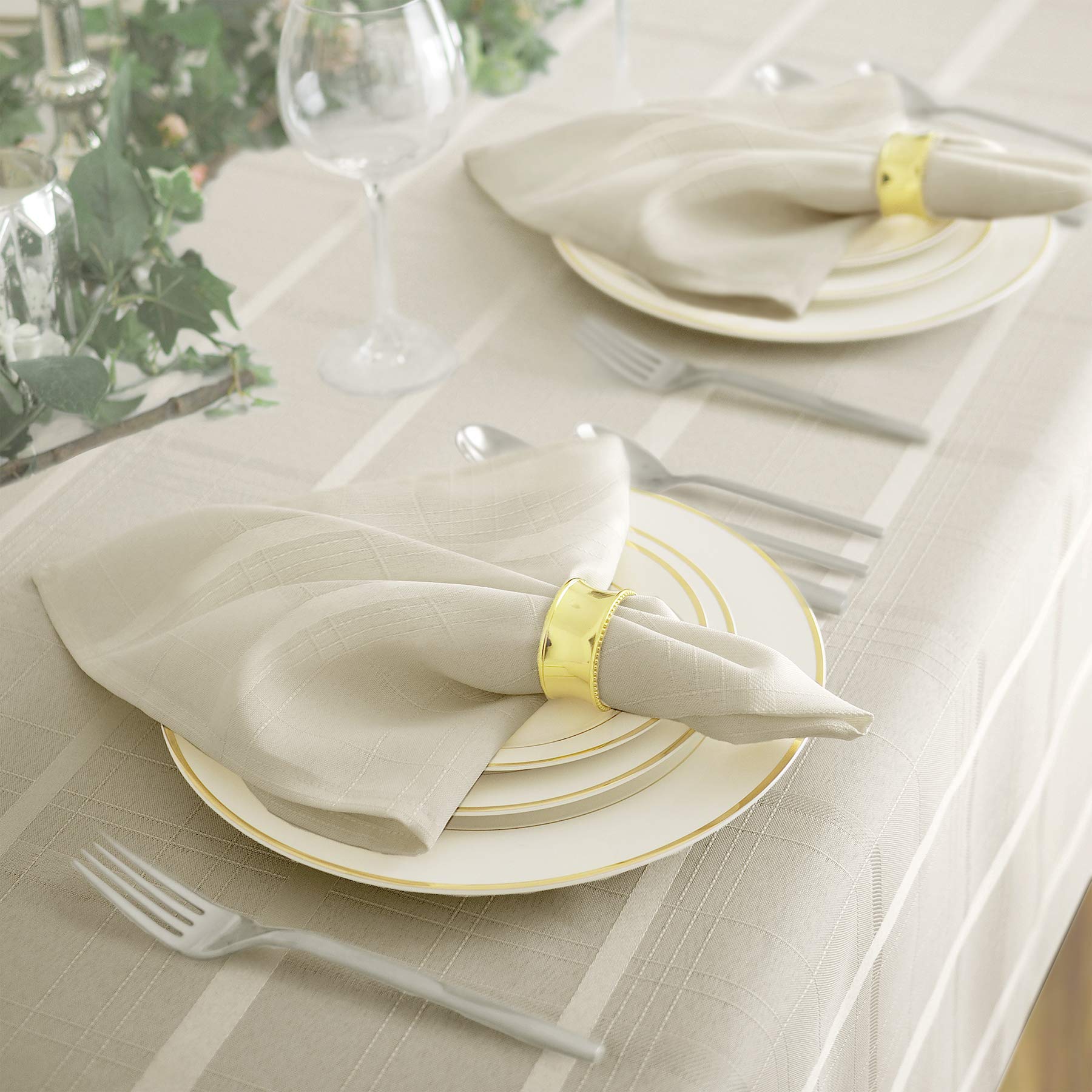 Newbridge 60 x 144 Inch Rectangle Fabric Tablecloth, Elegance Plaid, 100% Polyester, No Iron Soil Resistant Dining Room, Party and Banquet Table Cover, Solid Textured, Beige