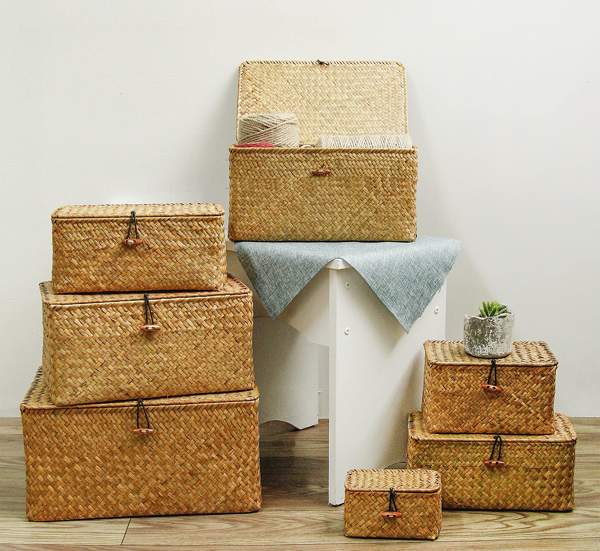 FEILANDUO Wicker Shelf Baskets with Lids, Seagrass Storage Baskets Bins Rectangular Woven Baskets Boxes for Organizing Home Decor Set of 3