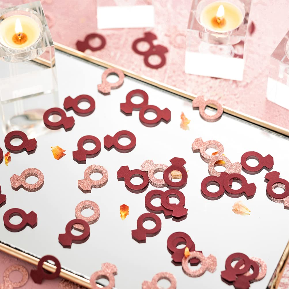 Glitter Diamond Ring Confetti Table Decoration for Engagement Bachelorette Bachelor Wedding Bridal Shower Party (Rose Gold Glitter,Burgundy,200pc)