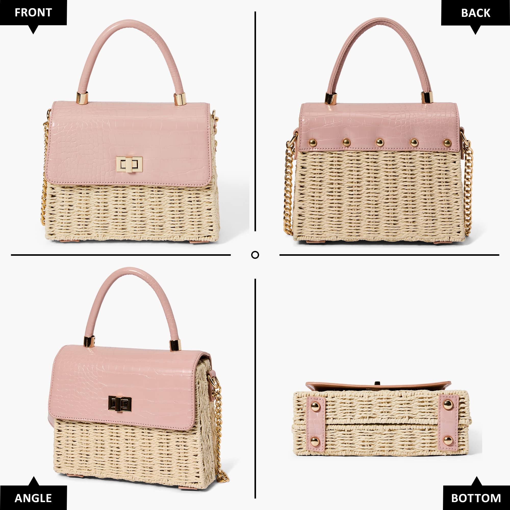 Like Dreams Women Hand-woven Straw Crossbody Faux Croc Vegan Leather Upper Floral Inner Summer Crossbody (Blush)
