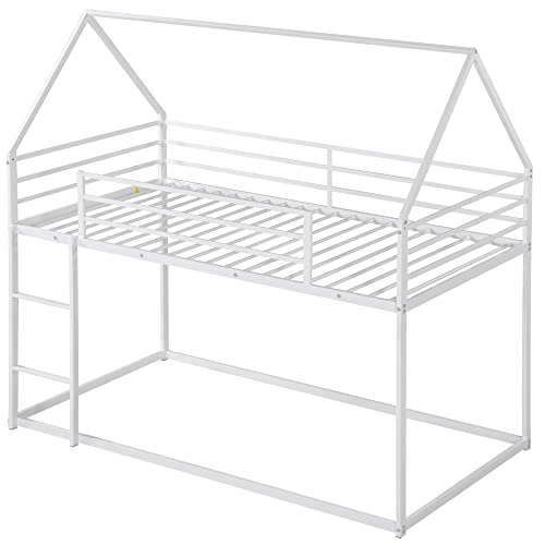 Harper & Bright Designs Twin Over Twin House Bunk Bed with Built-in Ladder, Metal Low Bunk Bed for Kids Girls Boys - White
