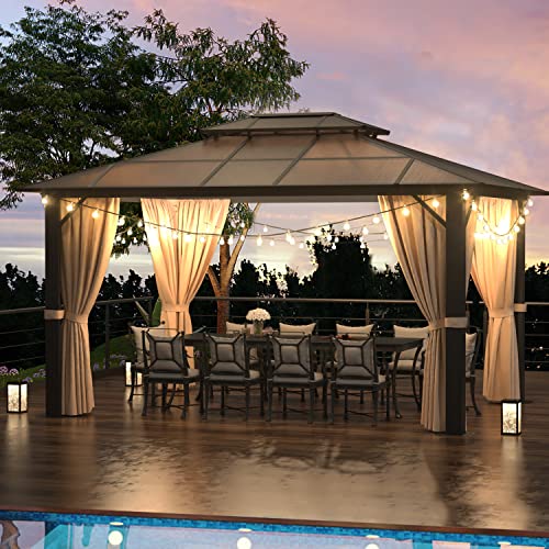 Binplax Hardtop Gazebo Polycarbonate Double Roof Canopy Curtains Aluminum Frame with Netting for Garden, Patio,10' ×13'