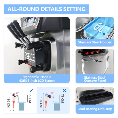 GSEICE 2500W Commercial Ice Cream Maker Machine, 6.8-8.4 Gal/H Soft Serve Machine with Precooling & Refrigeration at Night, FDA Approve LED Panel, 2+1 Flavors Soft Serve Ice Cream Maker with Two 6L Hoppers 2.0L Cylinders Puffing Shortage Alarm, 9 Magic He