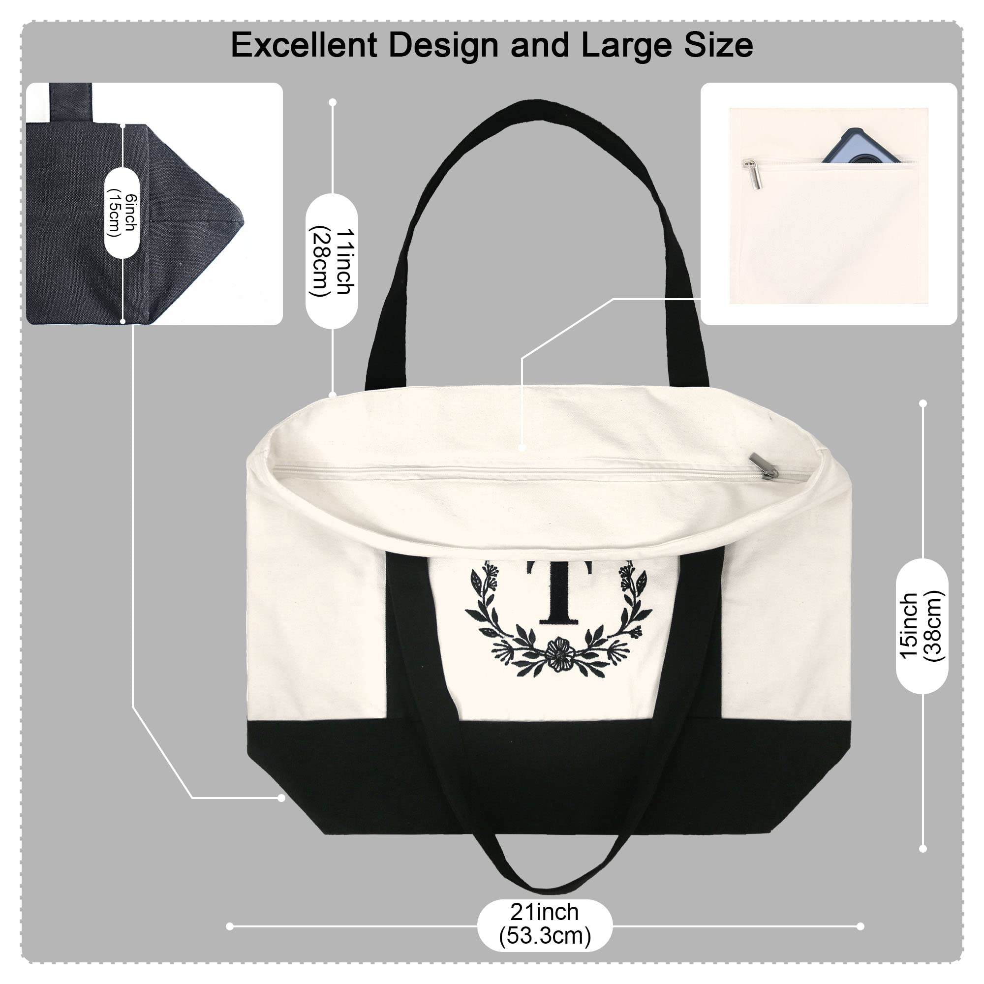 BeeGreen Initial Embroidery Beach Tote Bag with Zipper Inner Pocket, Large 12oz Canvas Tote Bag Monogrammed Personalized Gift Bag for Mother's Day Women Bride(Letter T)