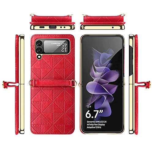 SHIEID Genuine Leather Galaxy Z Flip 4 Case with Chain, Noble Temperament, Diamond Shape Design Fine Texture Z Flip 4 Case for Samsung Galaxy Z Flip 4, Brown