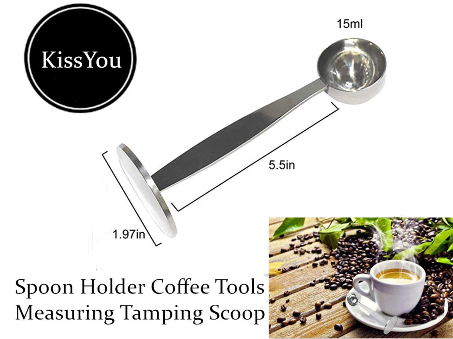 Espresso Scoop with Tamper 2 In 1 Stainless Steel Coffee Scoop Tamping Dual-Purpose Coffee Spoon Powder Hammer Tamper Multi Function Spoon Holder Coffee Tools for Measuring and Tamping