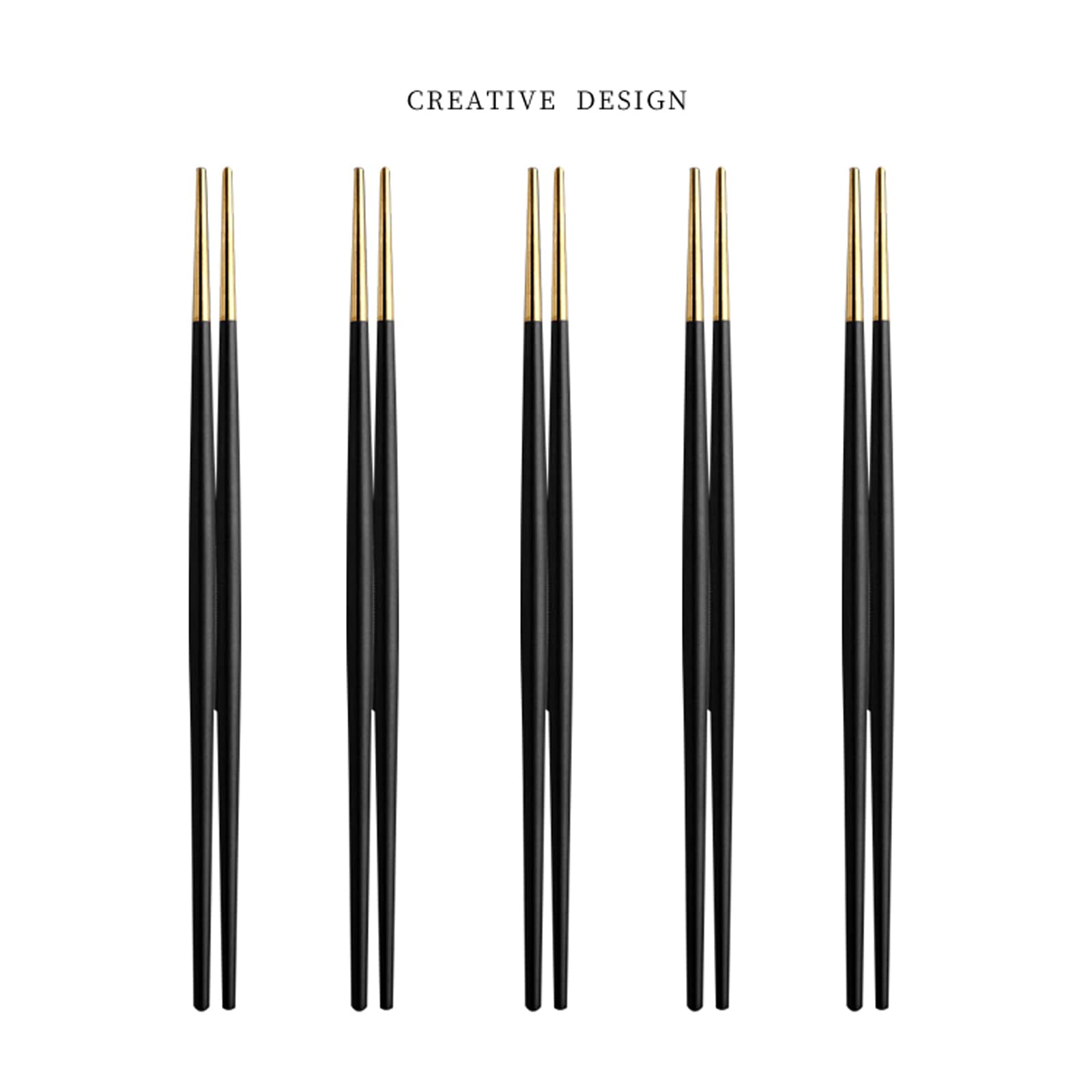 Chanjiso Creative Metal Chopsticks,5 Pairs 304 Stainless Steel Japanese Pointed Sushi Tableware Non Slip Chopsticks Gift… (Five black gold heads)