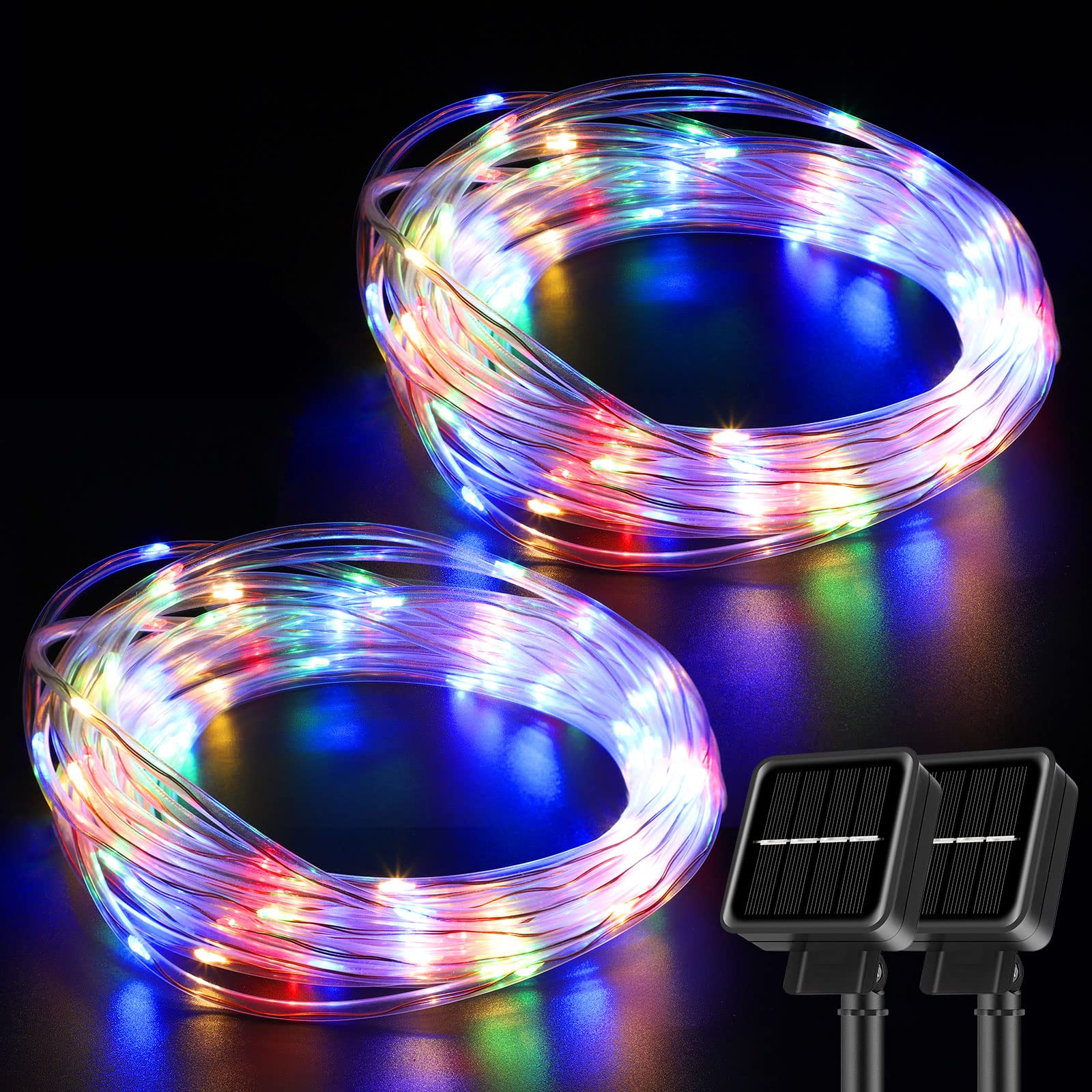 PINPON Solar Rope Lights 2 Pack, 66FT 8 Lighting Modes 200LED IP65 Waterproof, Solar Powered Outdoor Fairy Tube Light for Garden Pool Patio Bedroom Party Camping Decoration (Multi-Colored)