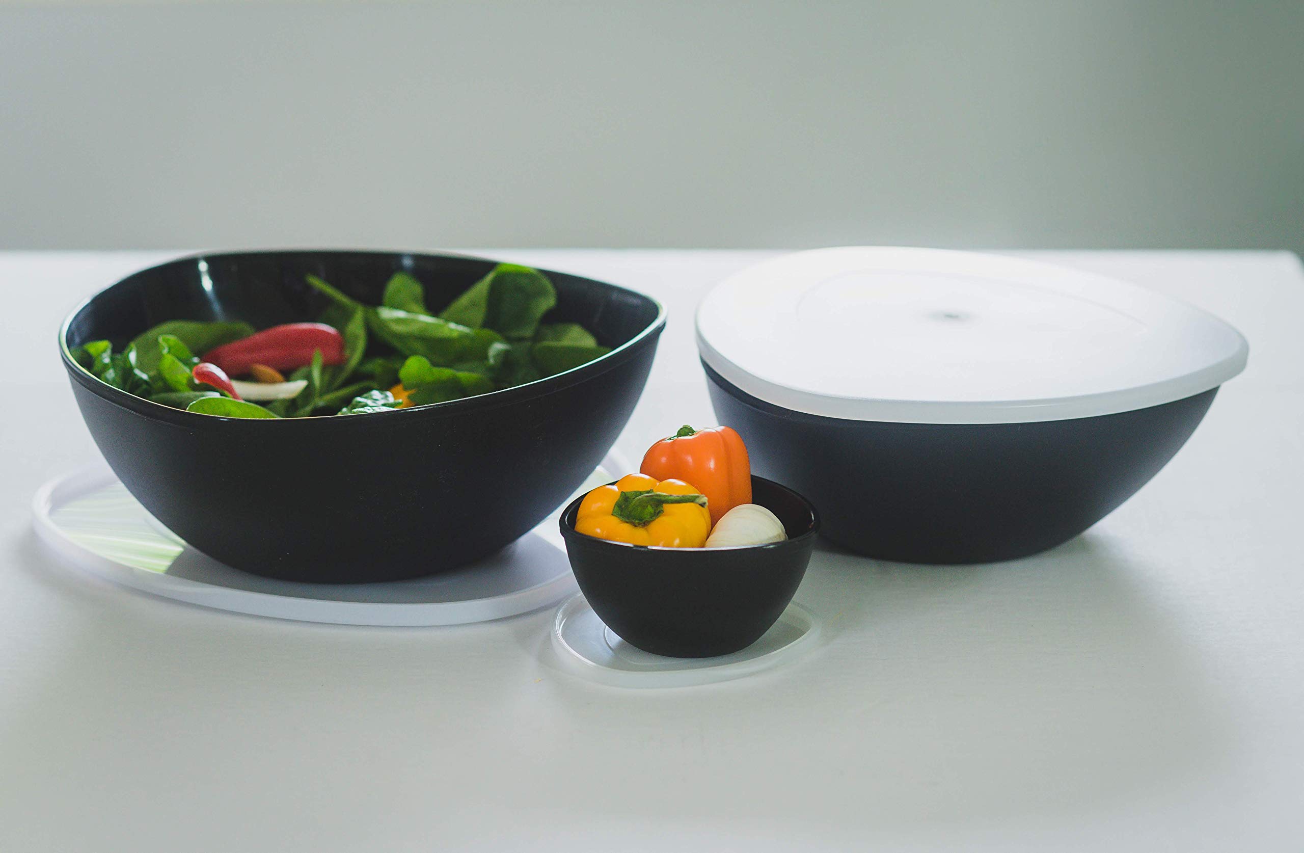 Coza Stackable and Unbreakable Serving Bowl for Mixing, Serving, Salad or Dessert with Lid- Set of 6 (3 Bowls + 3 Lids) (Black)