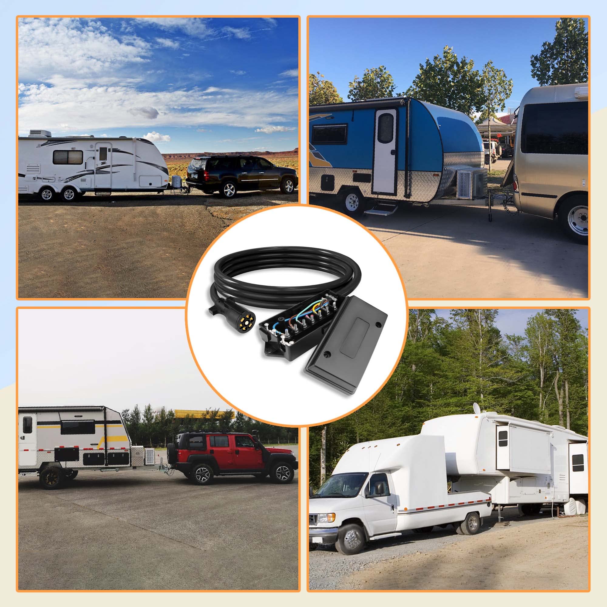 CircleRoad 7 Way Trailer Cord 8 Feet with 7 Gang Junction Box Kit, 7 Way Trailer Wiring Harness Kit and Trailer Breakaway Kit, 12V Emergency Breakaway Switch and Plug Holder, Waterproof, Dustproof