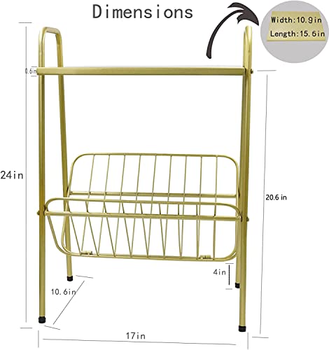 Jbikao Side Table, Gold End Table with Magazine Holder, Record Player Stand with Storage, Bedside Table Nightstand for Living Room, Bedroom, Office, Metal