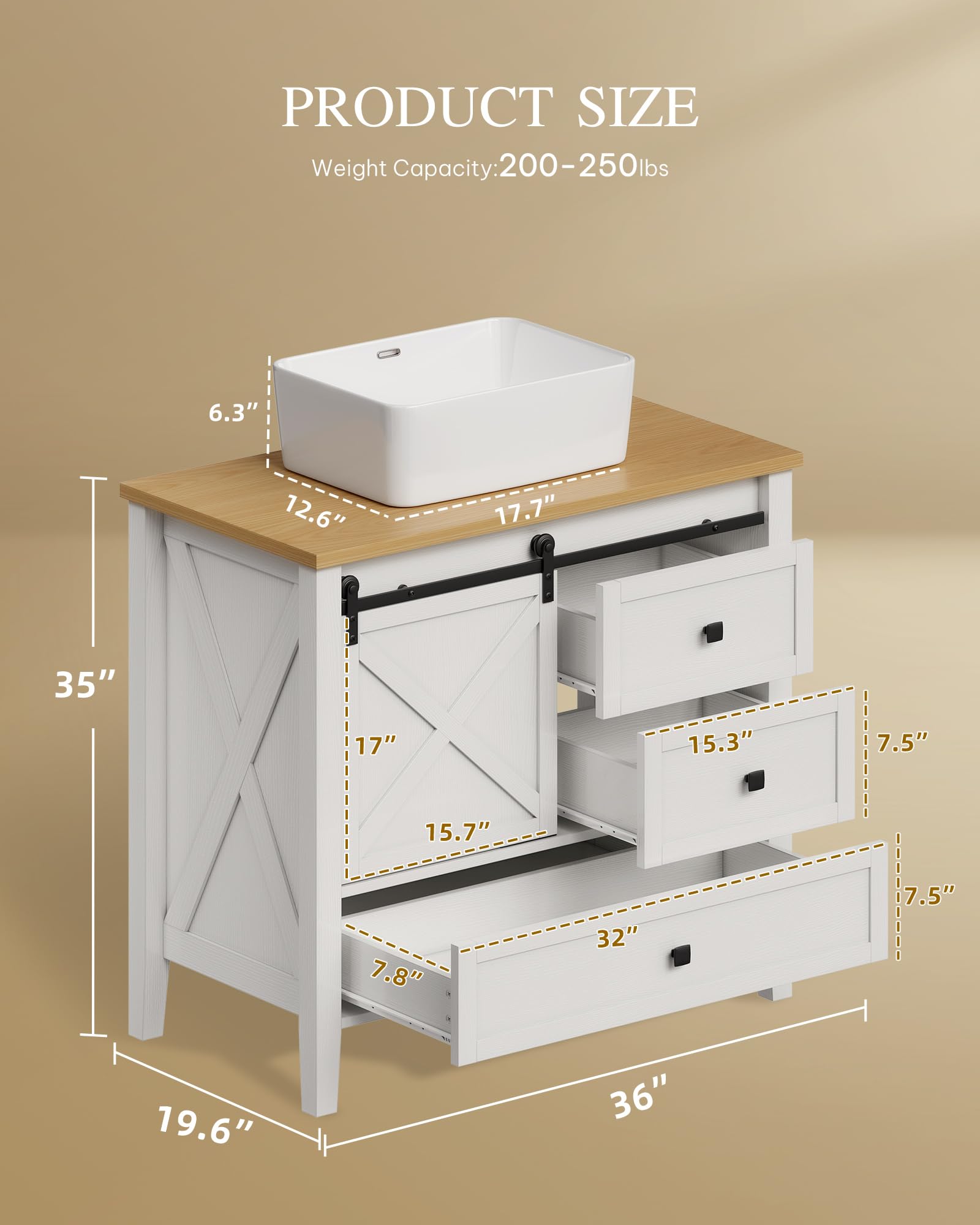 DWVO 48" Farmhouse Bathroom Vanity with Sink Combo, Barn Door Bathroom Storage Cabinet with Sliding Door & 7 Drawers, Ceramic Vessel Sink Top, White