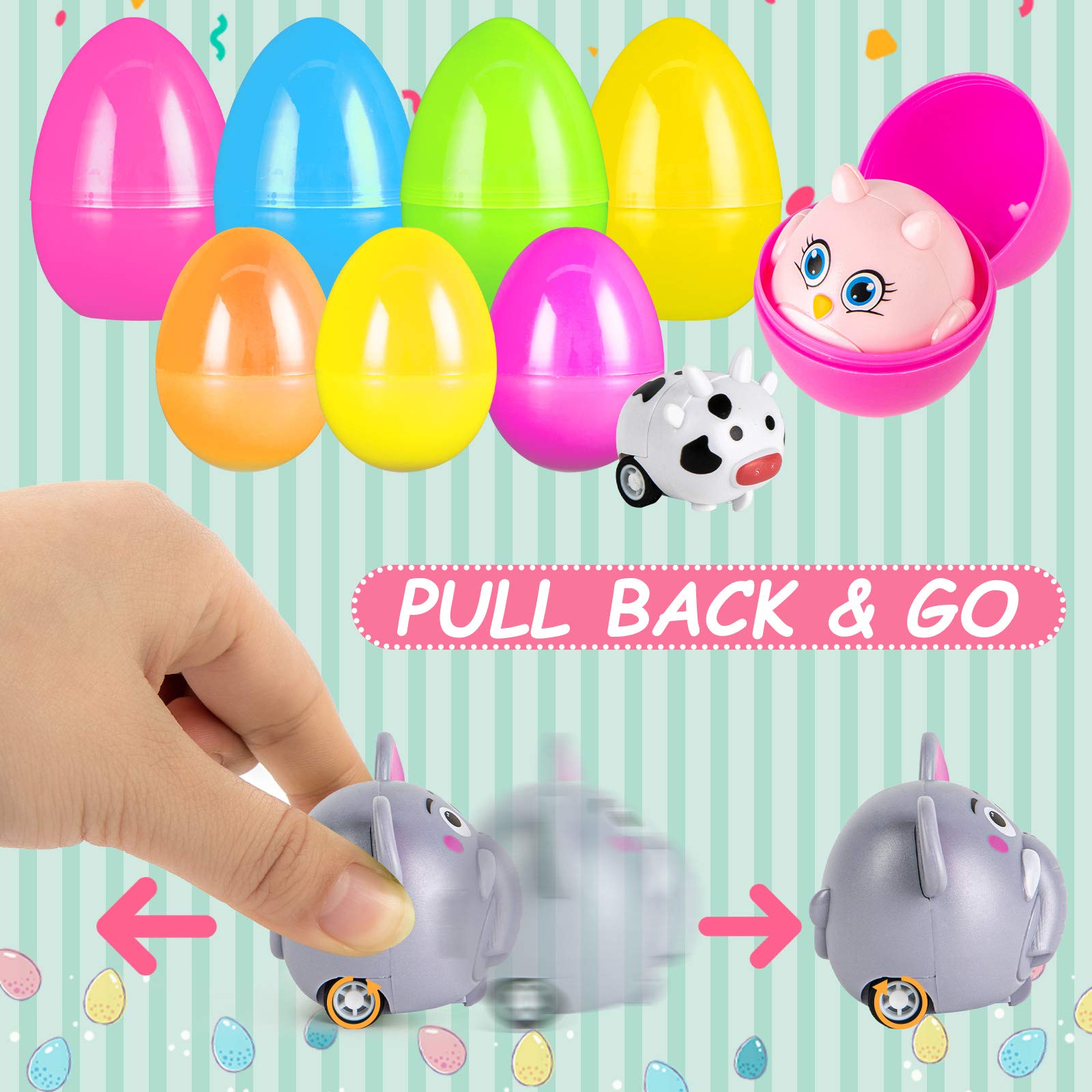 LovesTown 12 PCS Easter Eggs with Toys Inside, Easter Stuffed Eggs with Animal Pullback Toy Cars Surprise Eggs Easter Theme Party Favor for Easter Eggs Hunt Game Easter Basket Stuffer