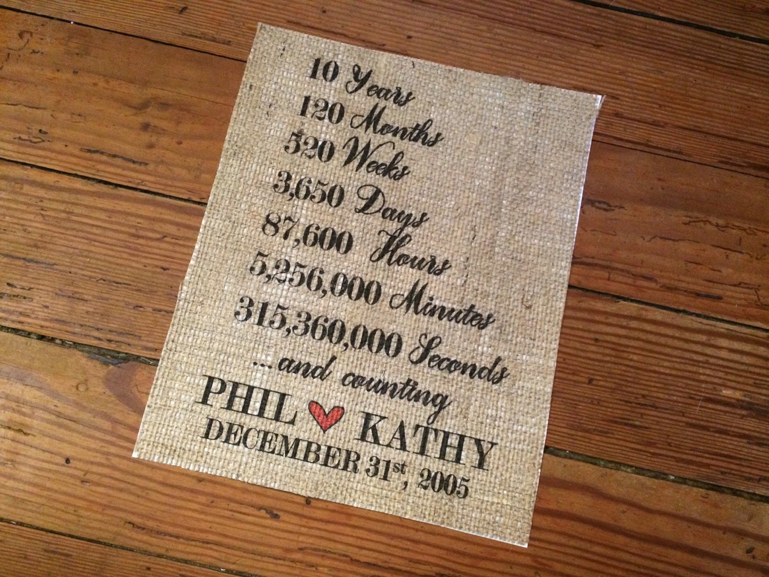 Burlap"10 Years And Counting" - Personalized 10th Wedding Anniversary - Tenth Anniversary Gift for Him Her - Decade of Love
