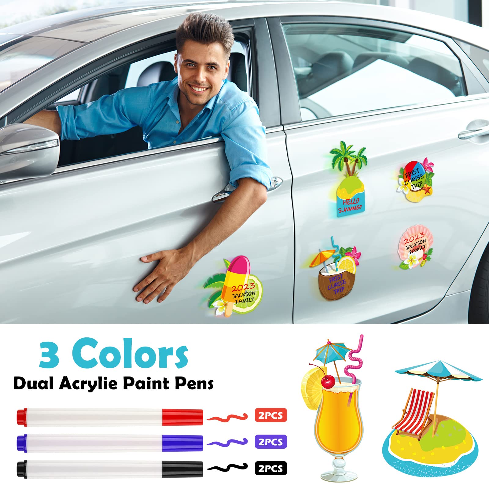 Buryeah 16 Pcs Large Summer Magnets Tropical Beach Car Magnets Set 10 Beach Magnetic Refrigerator Decoration Cruise Door Magnets Tropical Palm Tree Magnetic with 6 Paint Pens