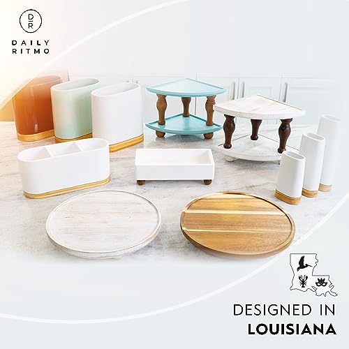 DAILY RITMO Corner Counter Wood Shelf | Stackable Countertop Bathroom Organizer | Farmhouse White Wash Tray Riser Wooden Shelves 2-Pack | Rustic Decorative Pedestal Stand | Triangular Storage Pedestal