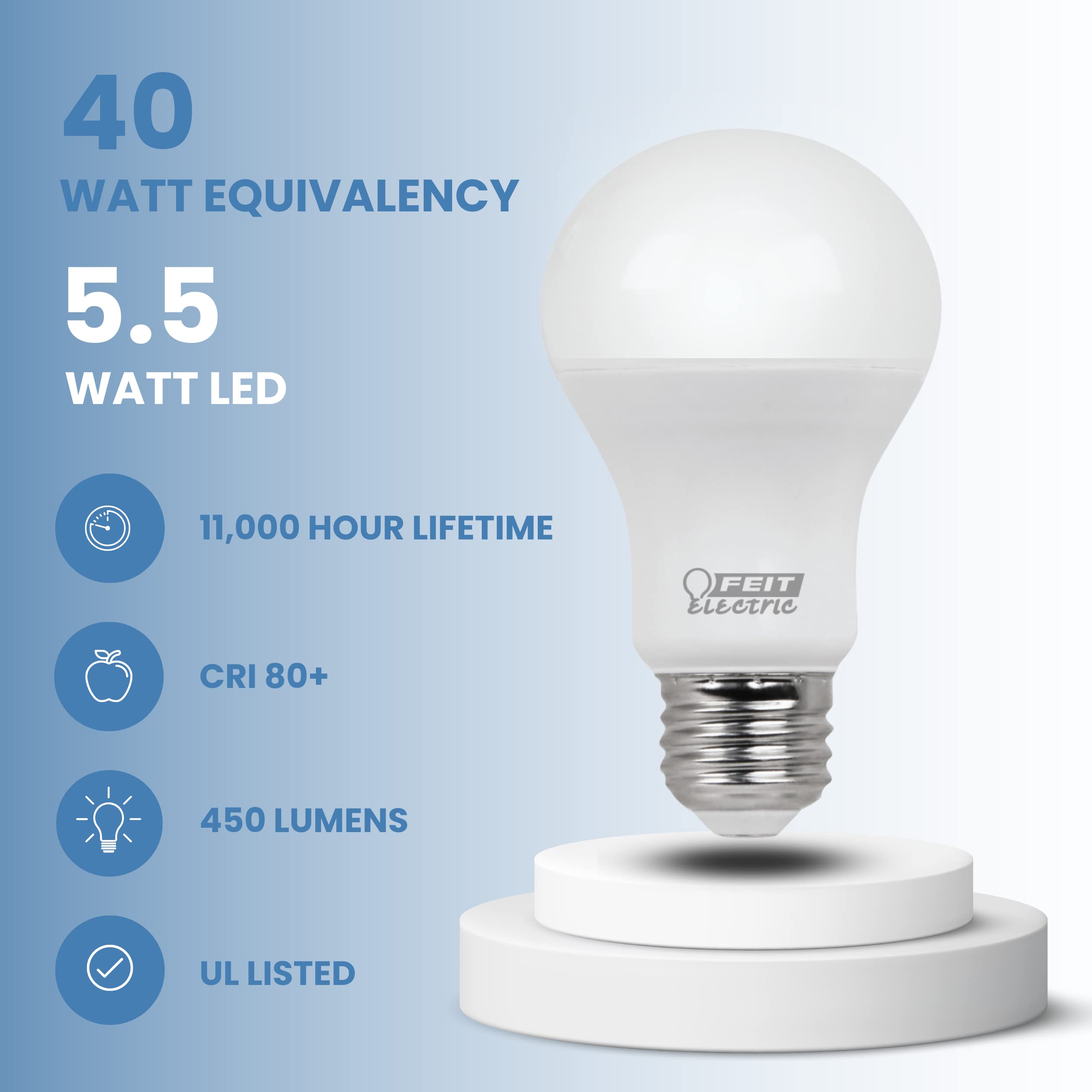 FEIT ELECTRIC A450/850/10KLED/4 4-Pack 40W Equivalent 5.5 Watt Non-Dimmable A19 LED Light Bulbs, 4.4" H x 2.35" D, 5000K Daylight, 4 Piece