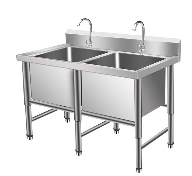 IOXGSGI Commercial 304 Stainless Steel Sink 2 Compartment Free Standing Utility Sink with Faucet Drain Basket Shelf, for Garage, Restaurant, Kitchen, Laundry Room, Outdoor