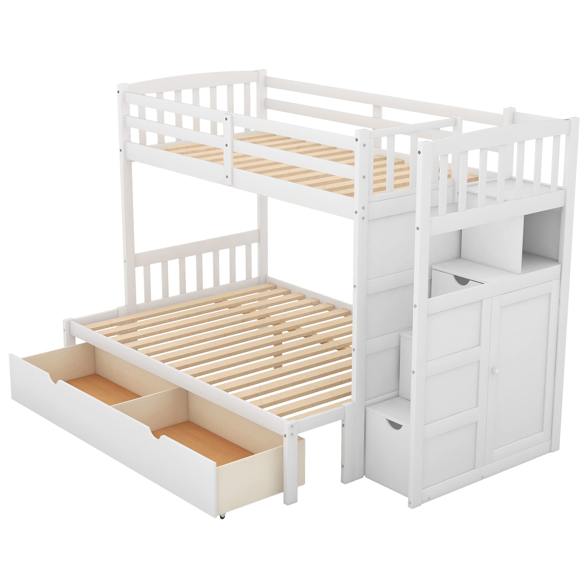 Harper & Bright Designs Twin Over Full/Twin Bunk Bed with 3 Drawers, 4 Storage and Cabinet Door, Twin-Over-Full Convertible Bottom Bed for Bedroom, Dorm, for Family, Kids, Teens, No Box Spring Needed
